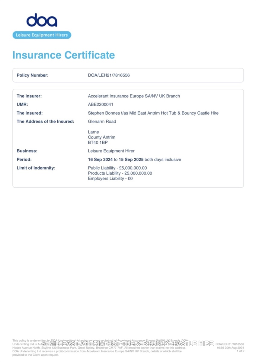 Inflatables Insurance Certificate - Hire in Larne | MID EAST ANTRIM HOT ...